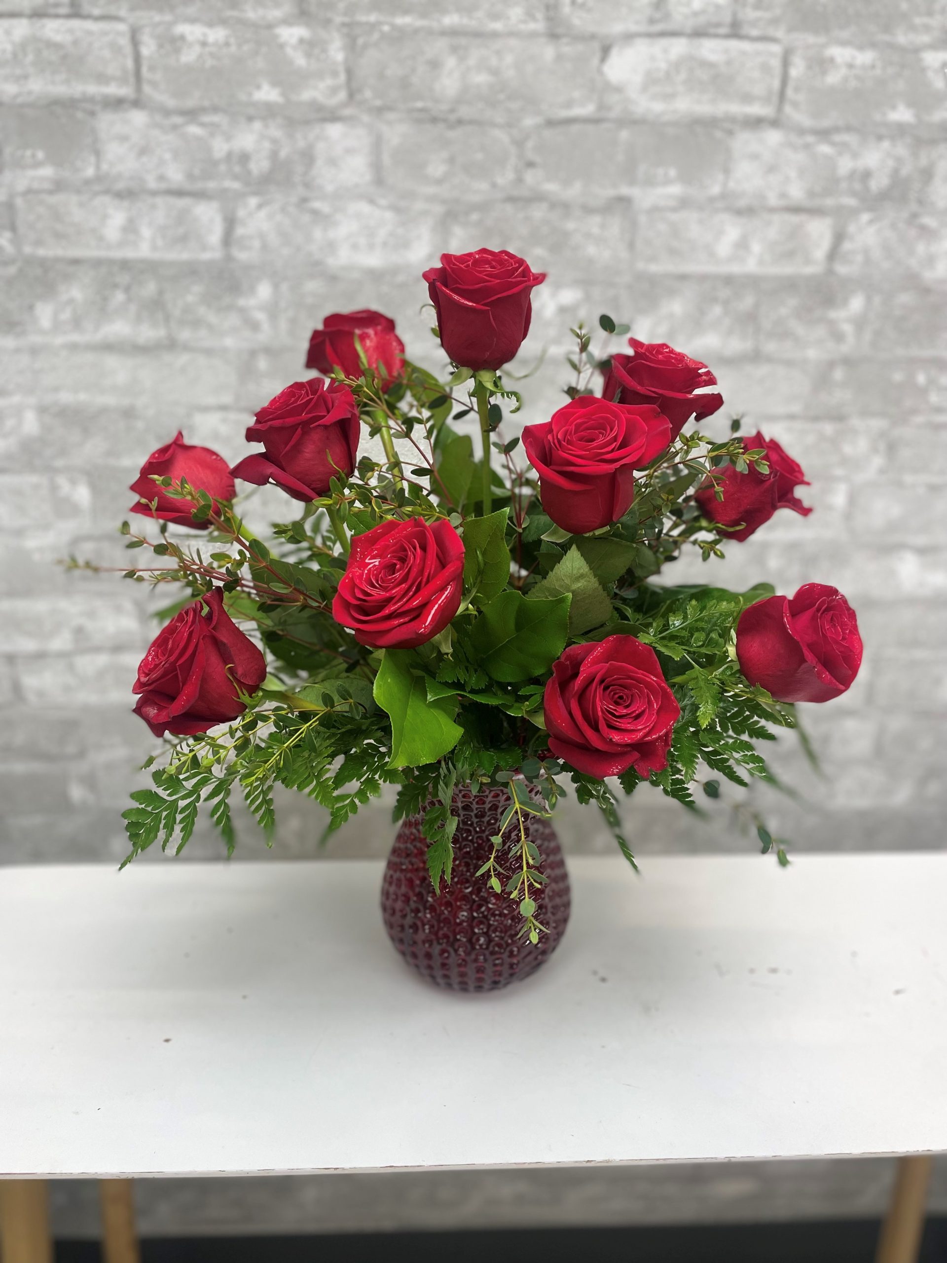 Dozen Red Roses in Red Bubble Vase - Flower Chix